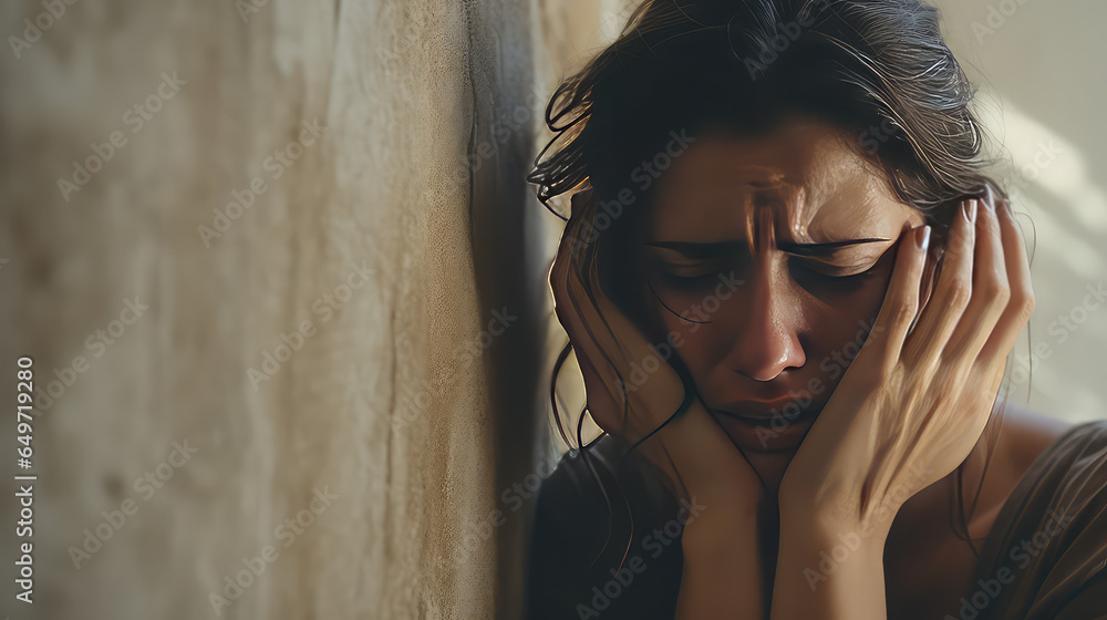 Frightened woman hides her face with her hands and cries, portrait ...