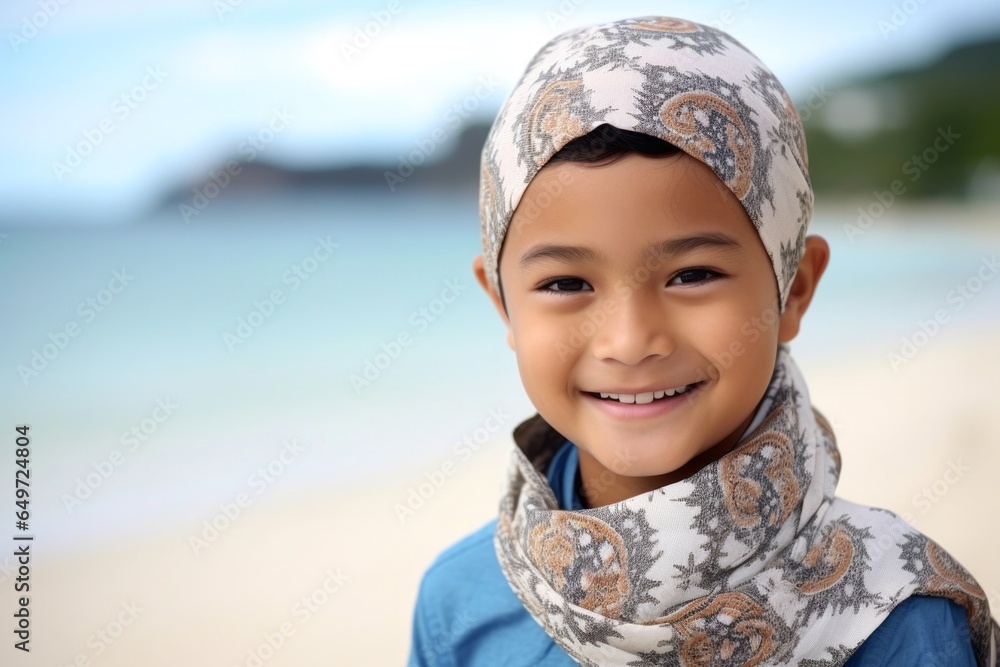 medium shot portrait of a happy Filipino child male wearing a foulard ...