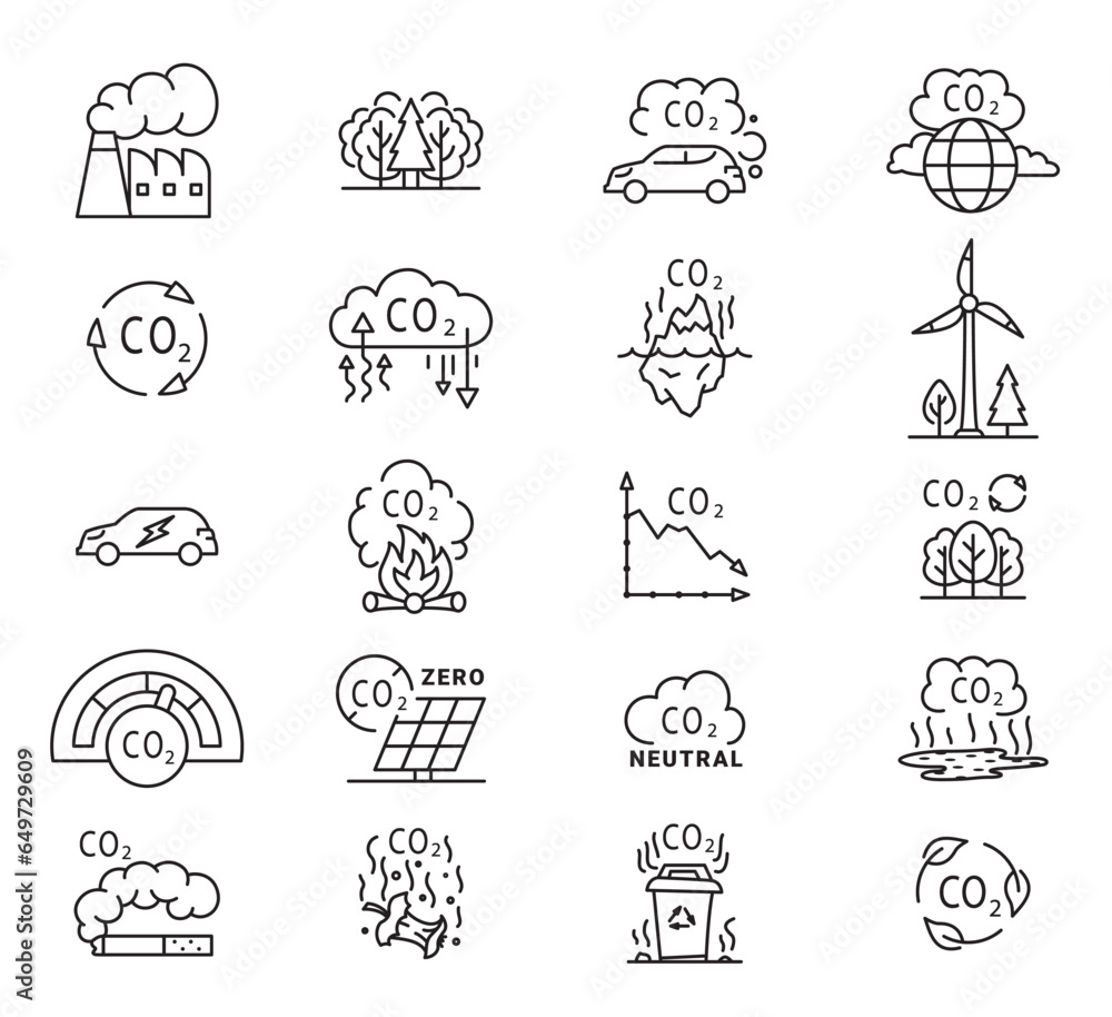 Carbon dioxide neutral CO line art icon set vector illustration ...
