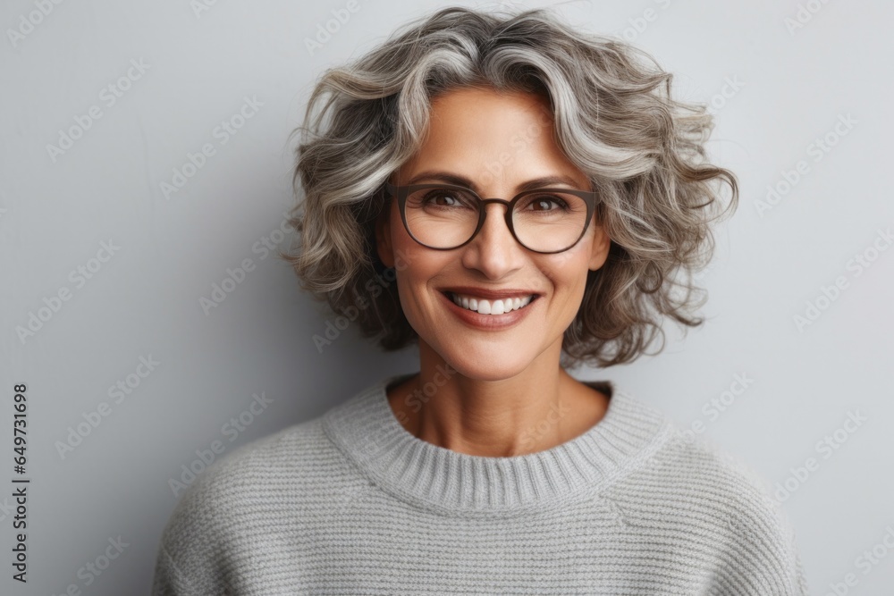 portrait of a Israeli woman in her 50s wearing a cozy sweater against a ...