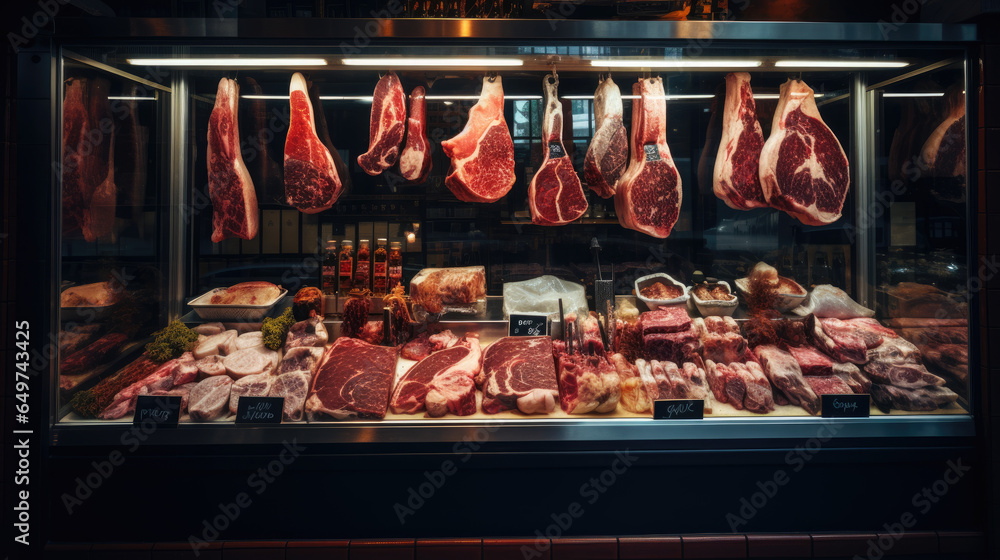 Meat display case in butcher shop, with various cuts of beef, pork, and ...