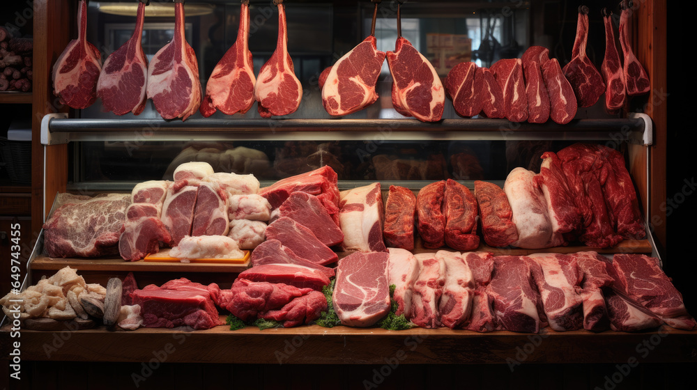 Meat display case in butcher shop, with various cuts of beef, pork, and ...