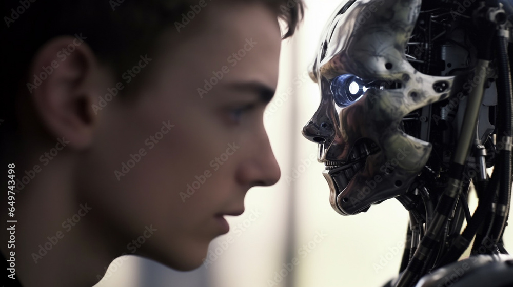 intimidated and afraid, a young adult man with human skin is a robot ...