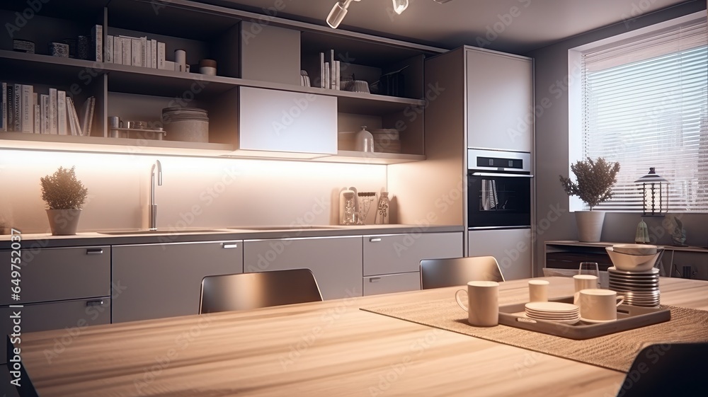 Modern minimalist kitchen interior. Wooden dining table. Gray facades ...