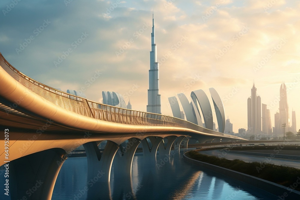 A lengthy bridge leading to the iconic Burj Khalifa tower in Dubai, UAE ...