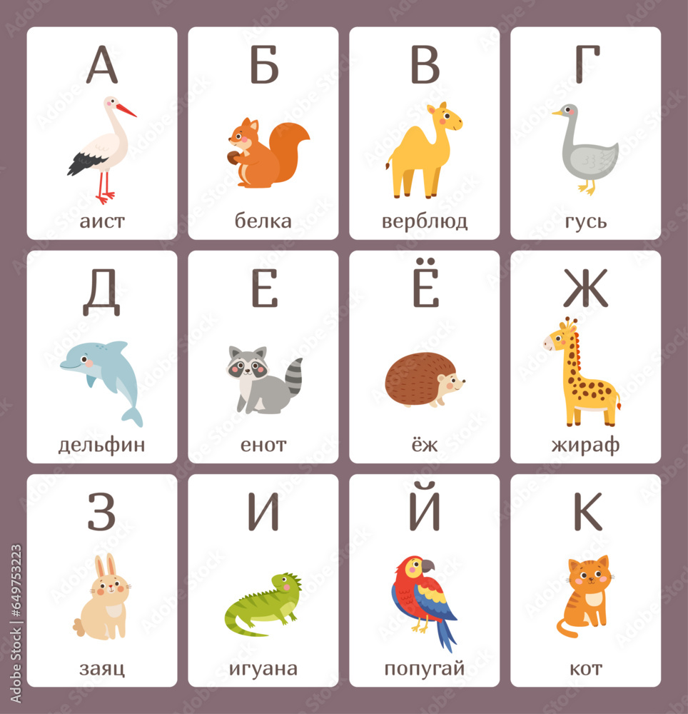 Cute vector Russian alphabet cards with animals, zoo alphabet, set of ...