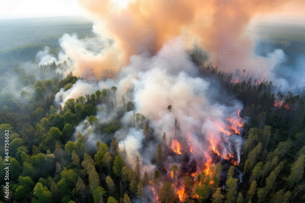 Aerial view of a forest fire. A series of arson attacks or the ...
