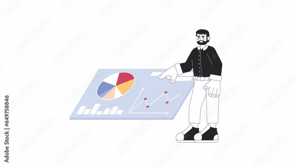 Bearded caucasian man touching data dashboard bw 2D character animation ...
