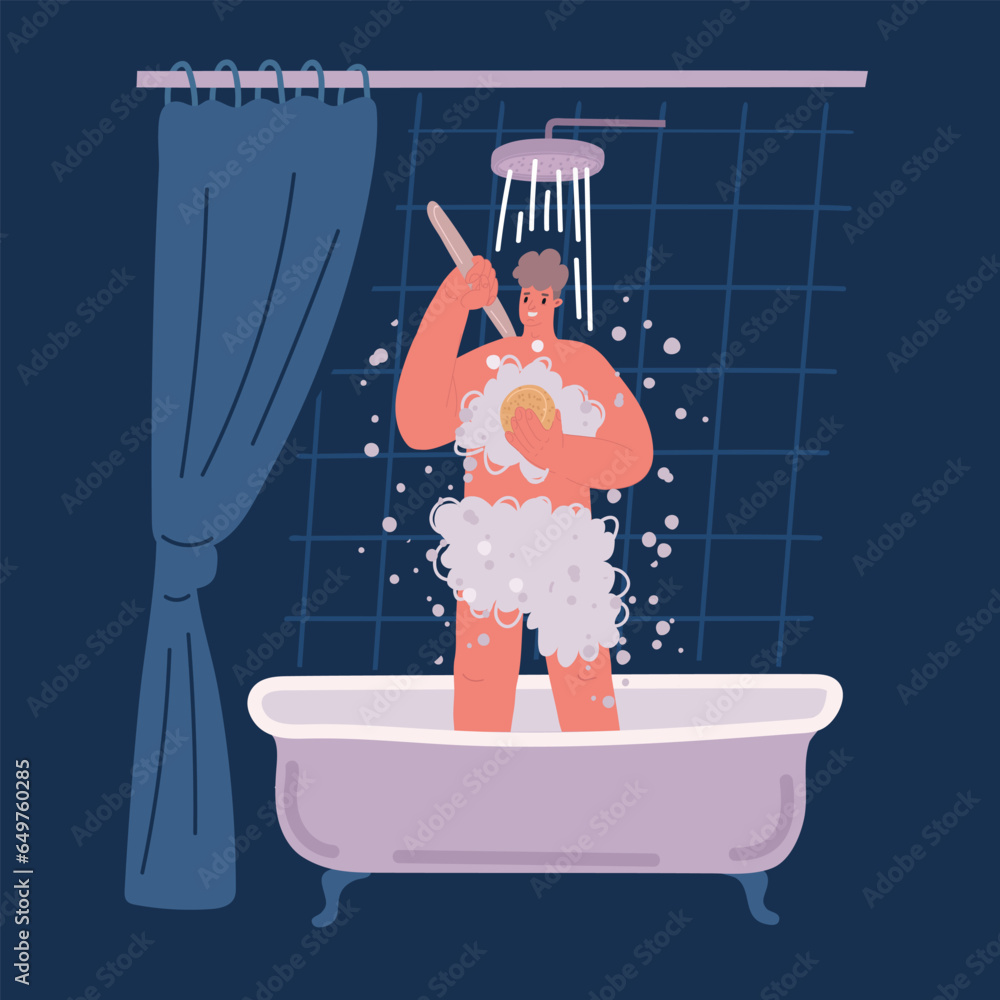 Cartoon vector illustration of young man washing body with foam in ...