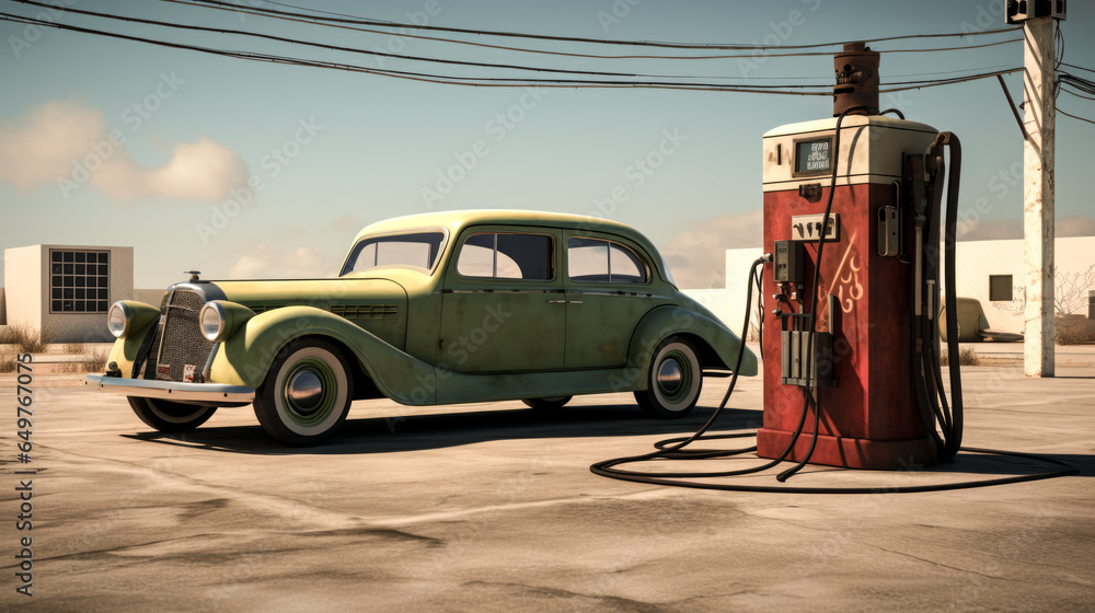 A car is connected to a charging station, with a nondescript background ...