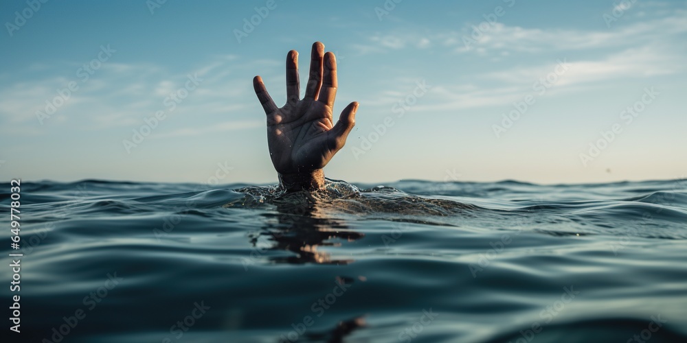 The hand of a drowning person emerges above the ocean's surface ...