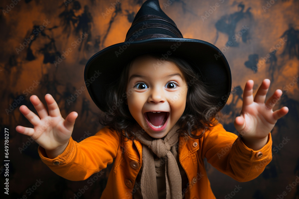 Witchy young female toddler child kid with witch hat costume and ...