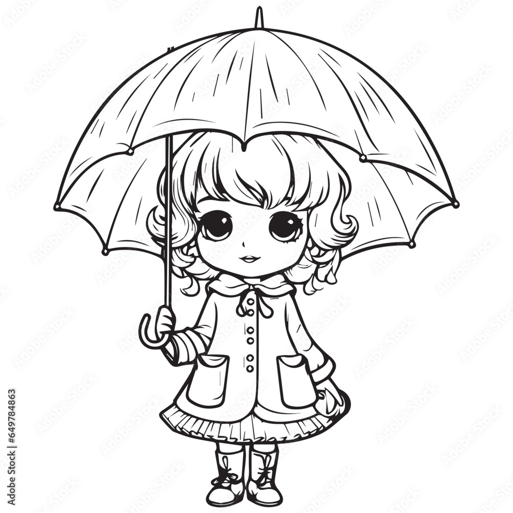 Cute Girl With a Umbrella line art coloring page vector illustration ...