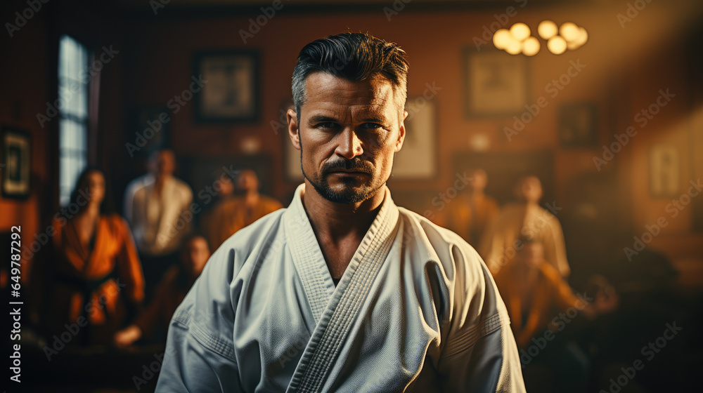 a karate asian martial art training in a dojo hall. young man wearing ...