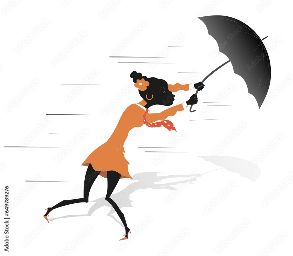 Strong wind. Young African woman with umbrella. Bad weather. African ...