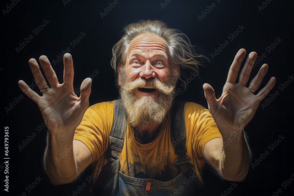 Joyful wise old man, blessed and touched by grace, raising his open ...