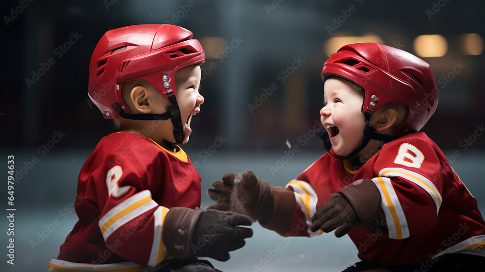 Two baby hockey players from opposing teams share a laugh and high-five ...