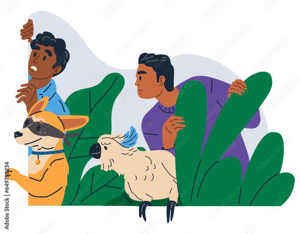 Spying, observing and sneaking. Vector illustration. Making observation, craft of collecting ...