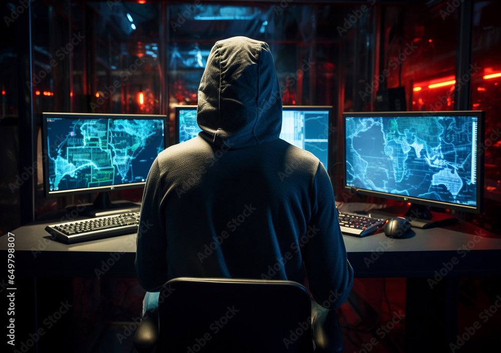 Generative AI. A man wearing hoodie from behind. Multiple computer ...