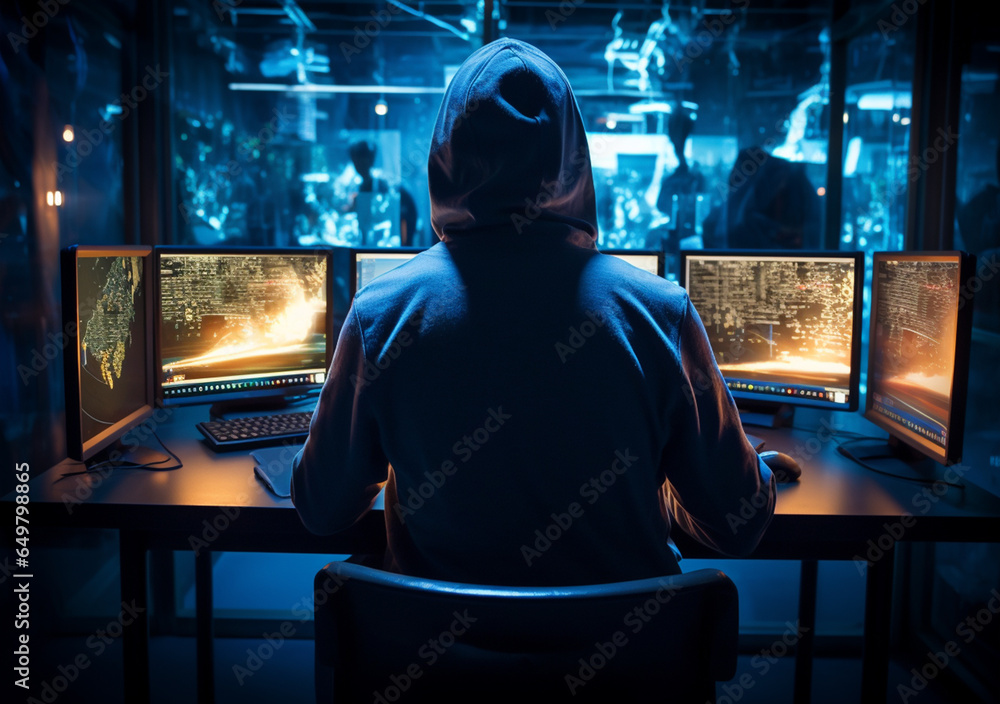 Generative AI. A man wearing hoodie from behind. Multiple computer screen. Threat actor attempts ...