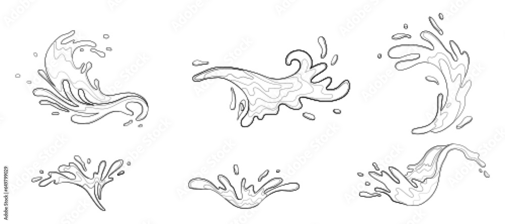 Water and juice splash liquide. Black doodle line. A dripped droplet ...