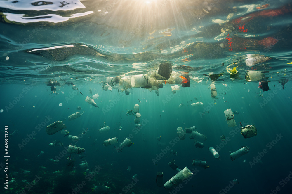 Generative AI image of garbage floating in the ocean underwater concept ...