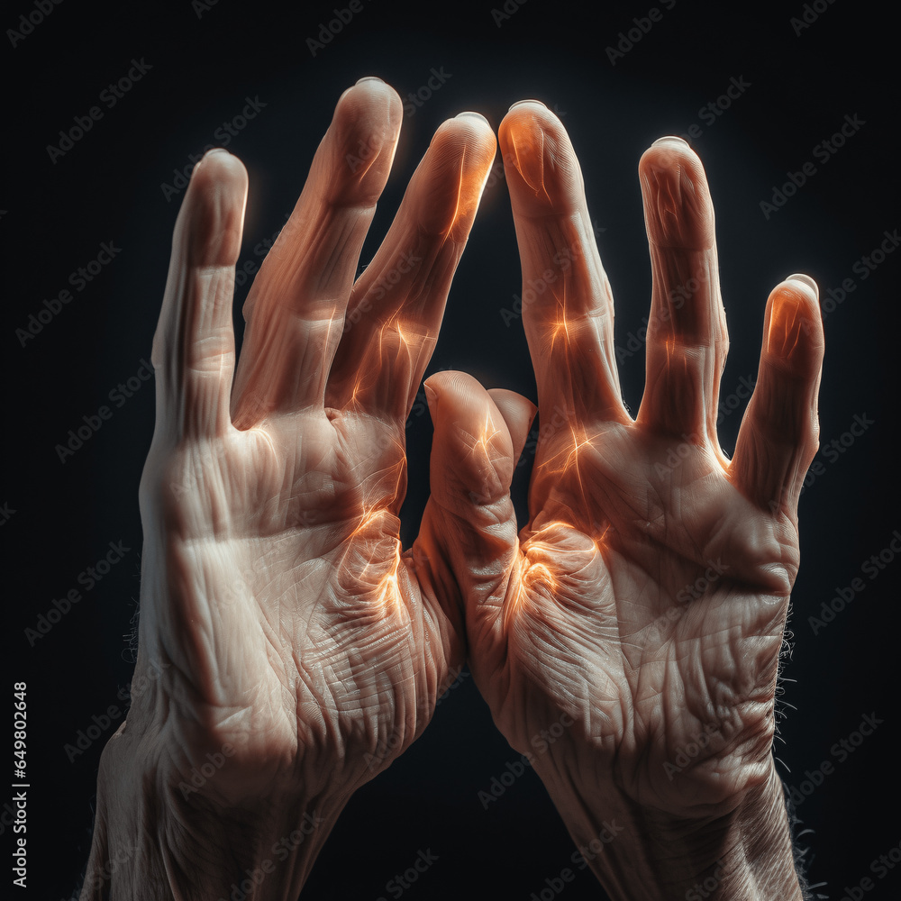 The close-up shot reveals the hands of an elderly man, his fingers ...