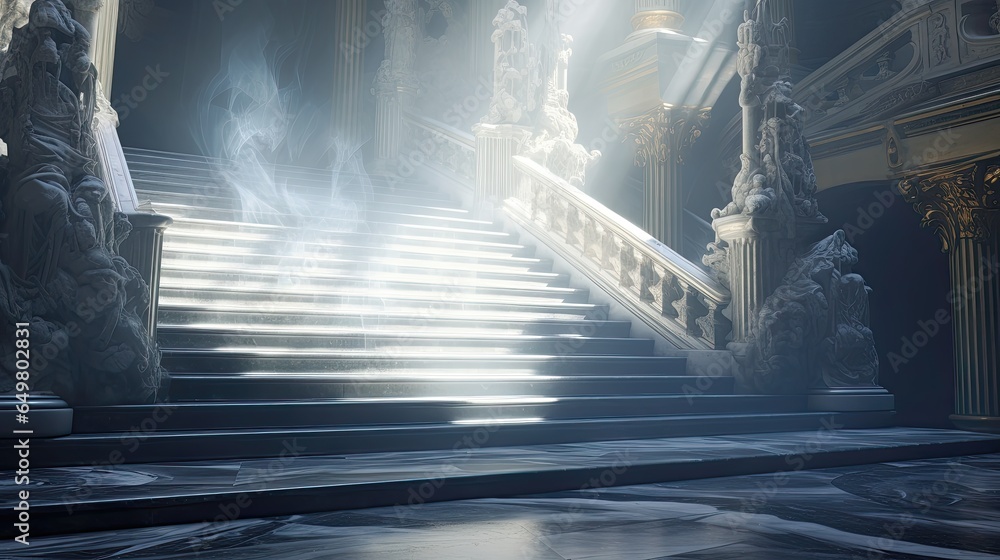 beautiful ancient marble staircase in art deco style, with dry ice mist ...