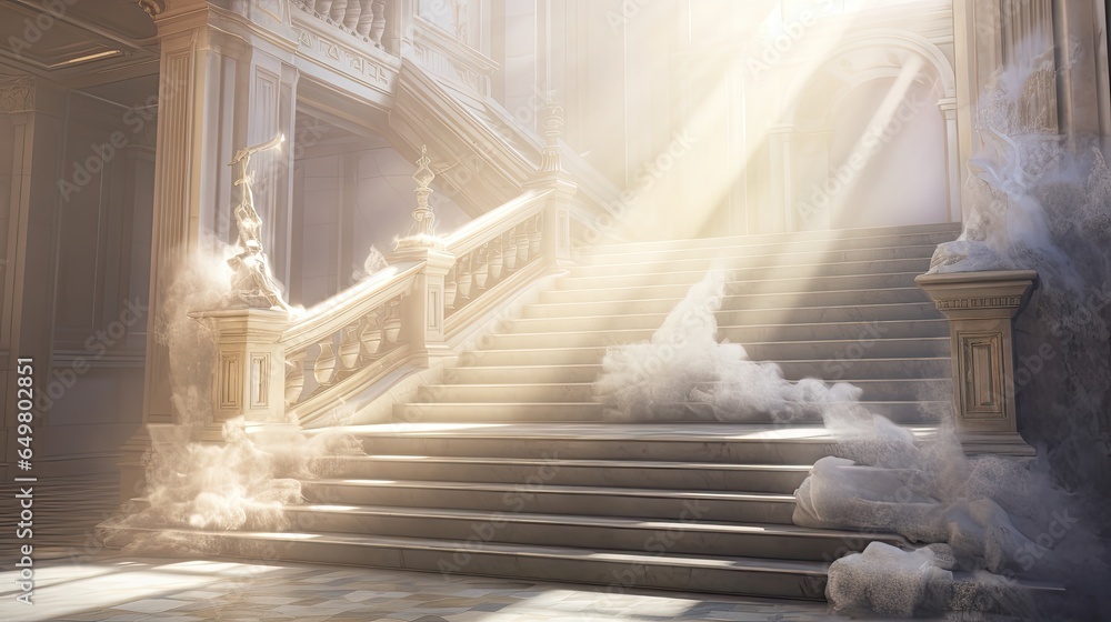 beautiful ancient marble staircase in art deco style, with dry ice mist ...