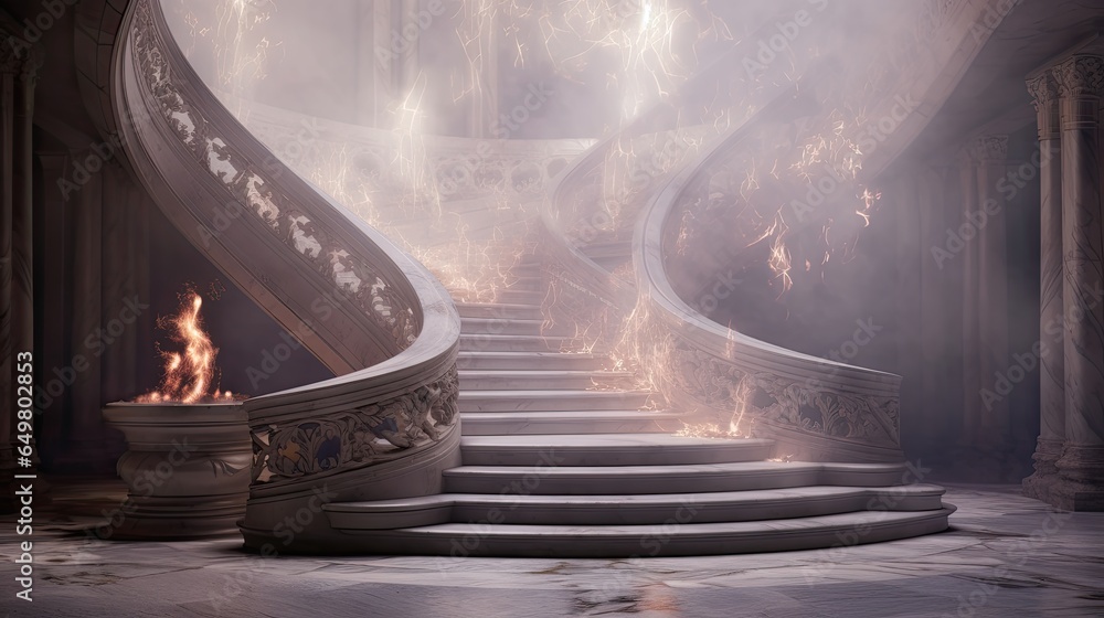 beautiful ancient marble staircase in art deco style, with dry ice mist ...