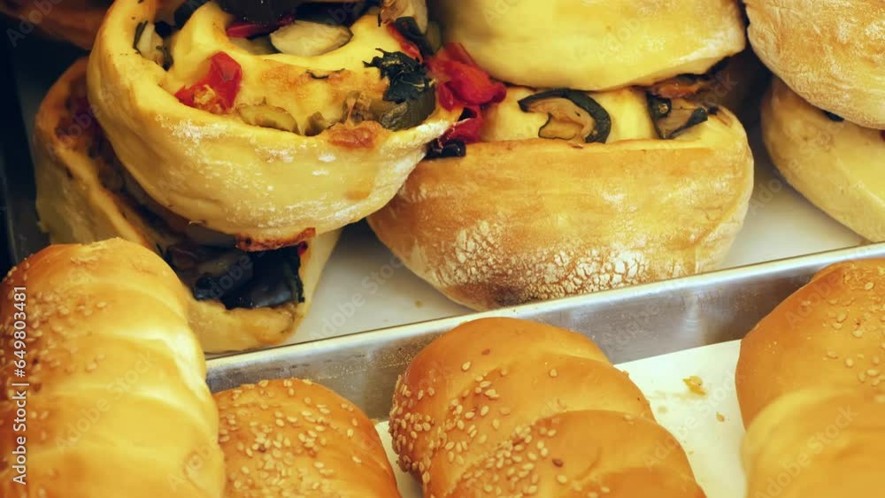 bakery products. street food. close-up. Freshly baked fresh ciabatta ...