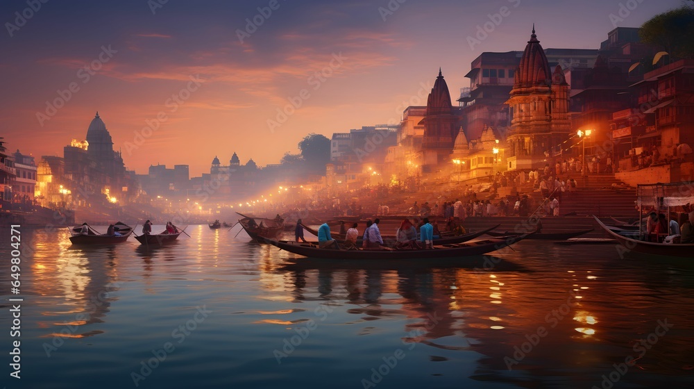 Varanasi city with ancient architecture. View of the holy Manikarnika ...