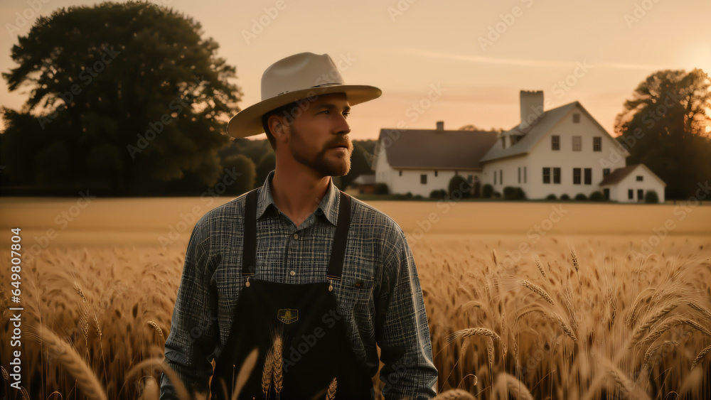 a adult white american farmer man standing on a wheat grass field ...