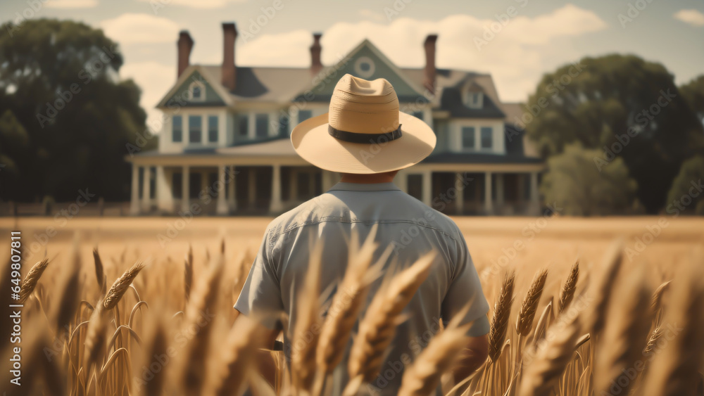 a adult white american farmer man standing on a wheat grass field ...