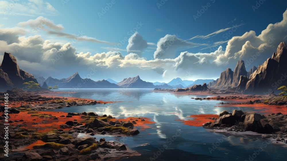 water volcanic lagoon calm illustration summer volcano, nature vacation ...
