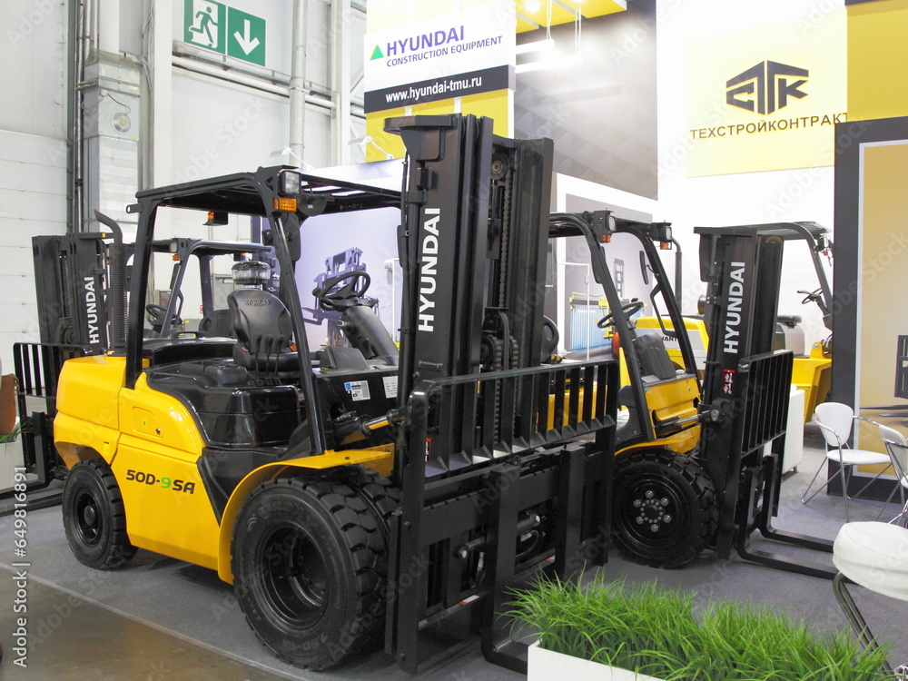 Moscow, Russia – 04 18 2023: Fork loaders Hyundai lifters trucks on ...