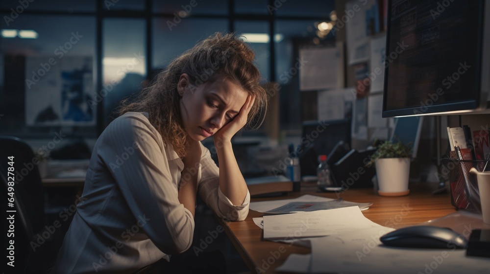 Realistic portrayal Depressed Woman in the Office. Reflects Workplace ...