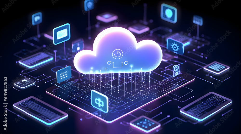 Digital informational technology web futuristic hologram with cloud icon, blue golden light ...