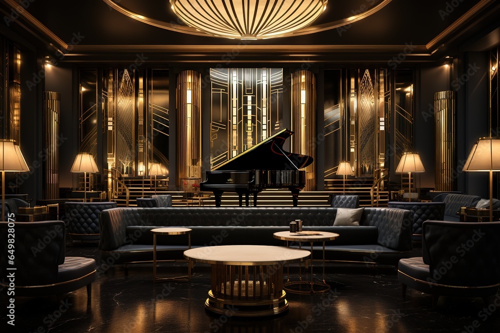 Art Deco Jazz Club with a grand piano, velvet banquettes, brass details ...