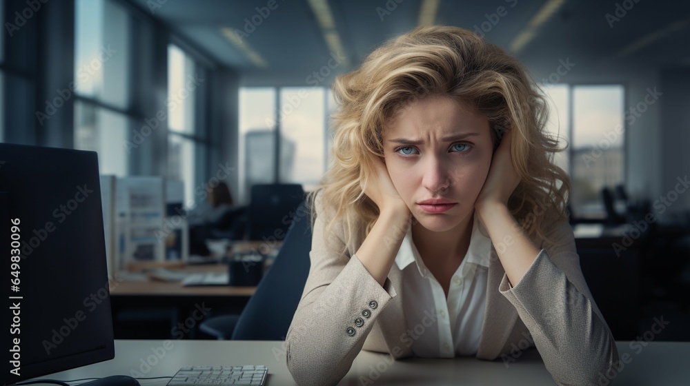 Realistic portrayal Depressed Woman in the Office. Reflects Workplace ...