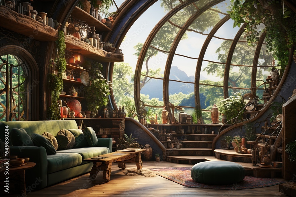 Glade Living Room with enchanted forest views, mythical creatures, and ...