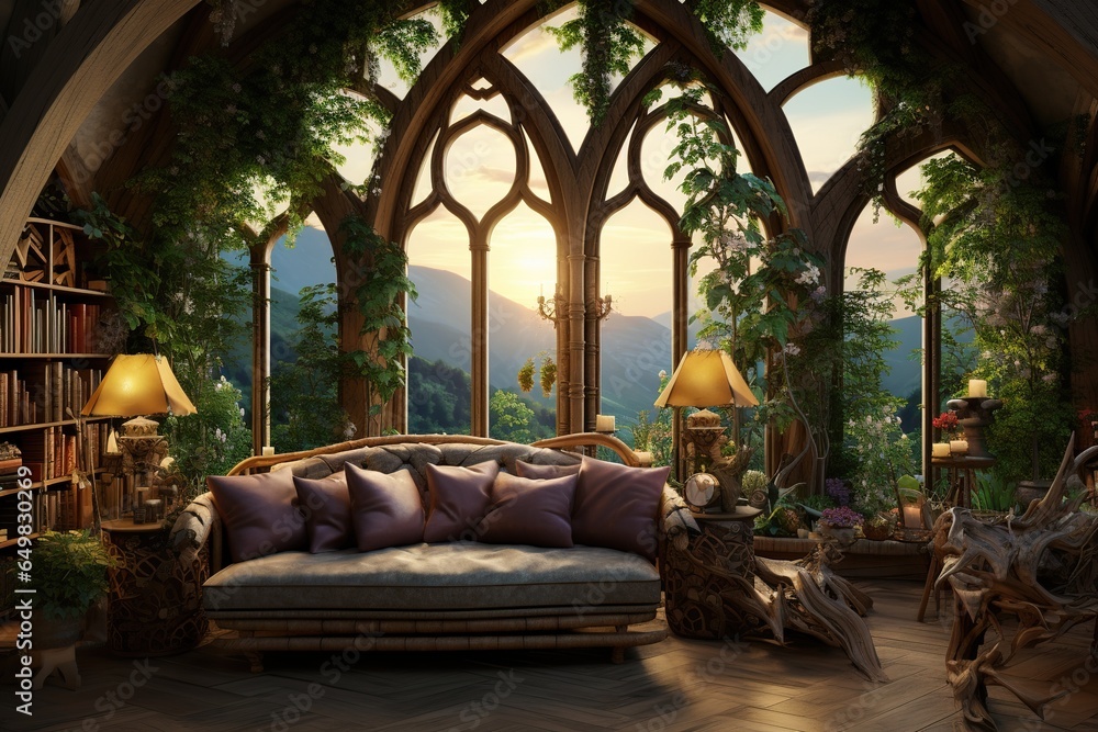 Fotka „Forest Living Room with enchanted forest views, mythical ...