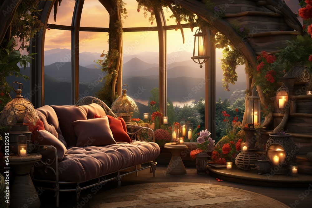 Glade Living Room with enchanted forest views, mythical creatures, and ...