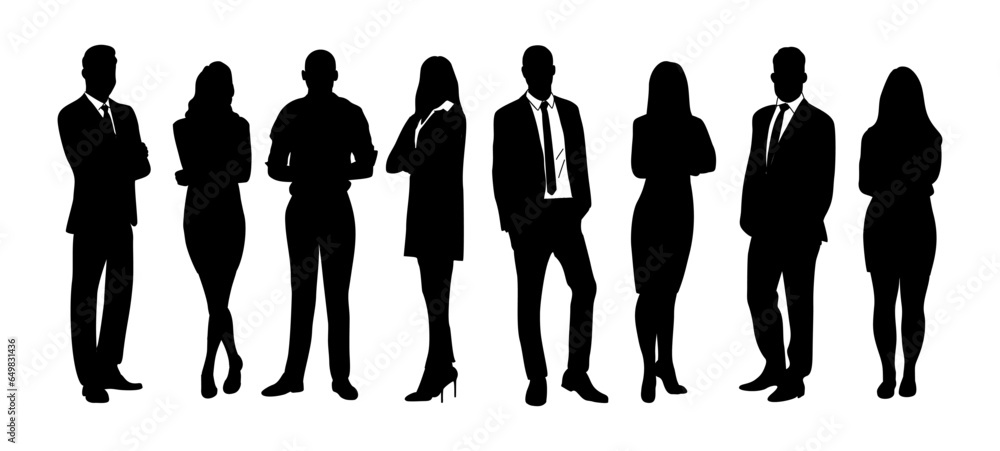 Silhouettes of business people standing, men and women full length in ...