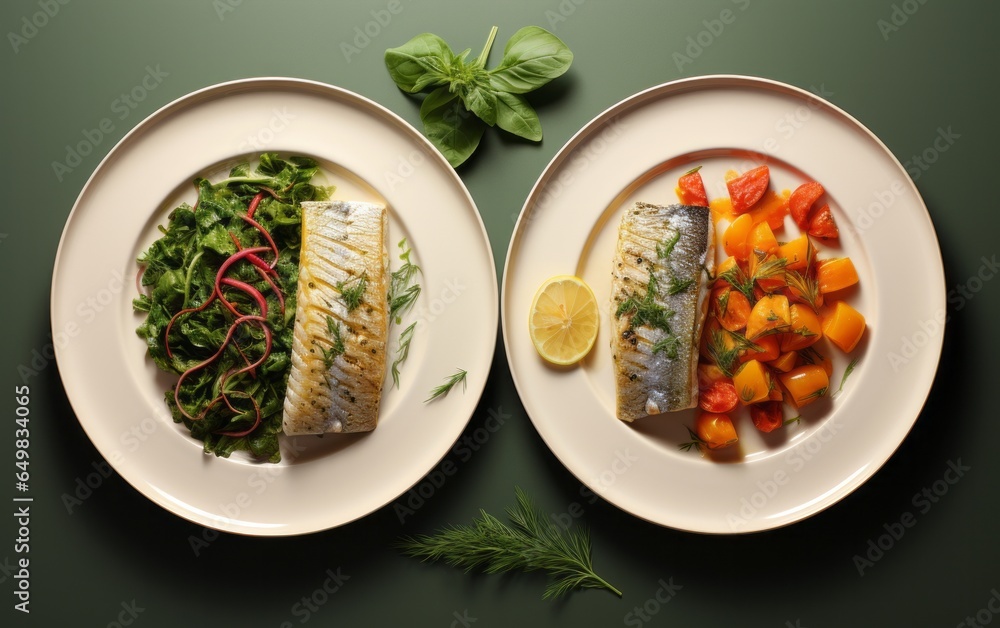 Cooked fish dishes from the restaurant menu, top view. Healthy eating ...