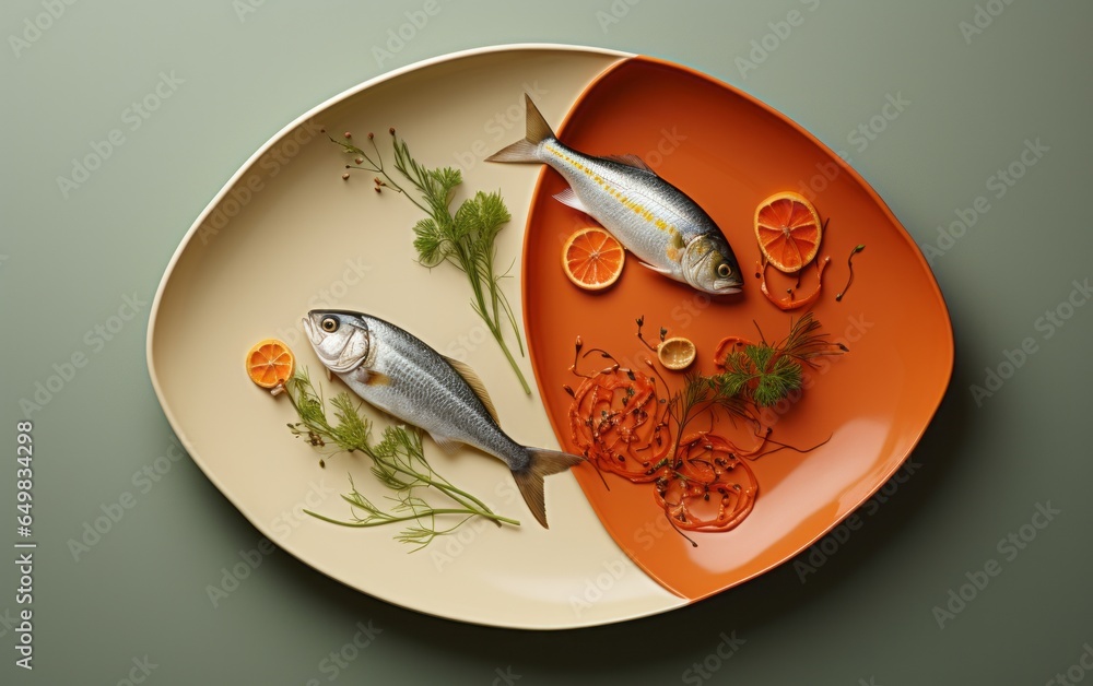 Cooked fish dishes from the restaurant menu, top view. Healthy eating ...