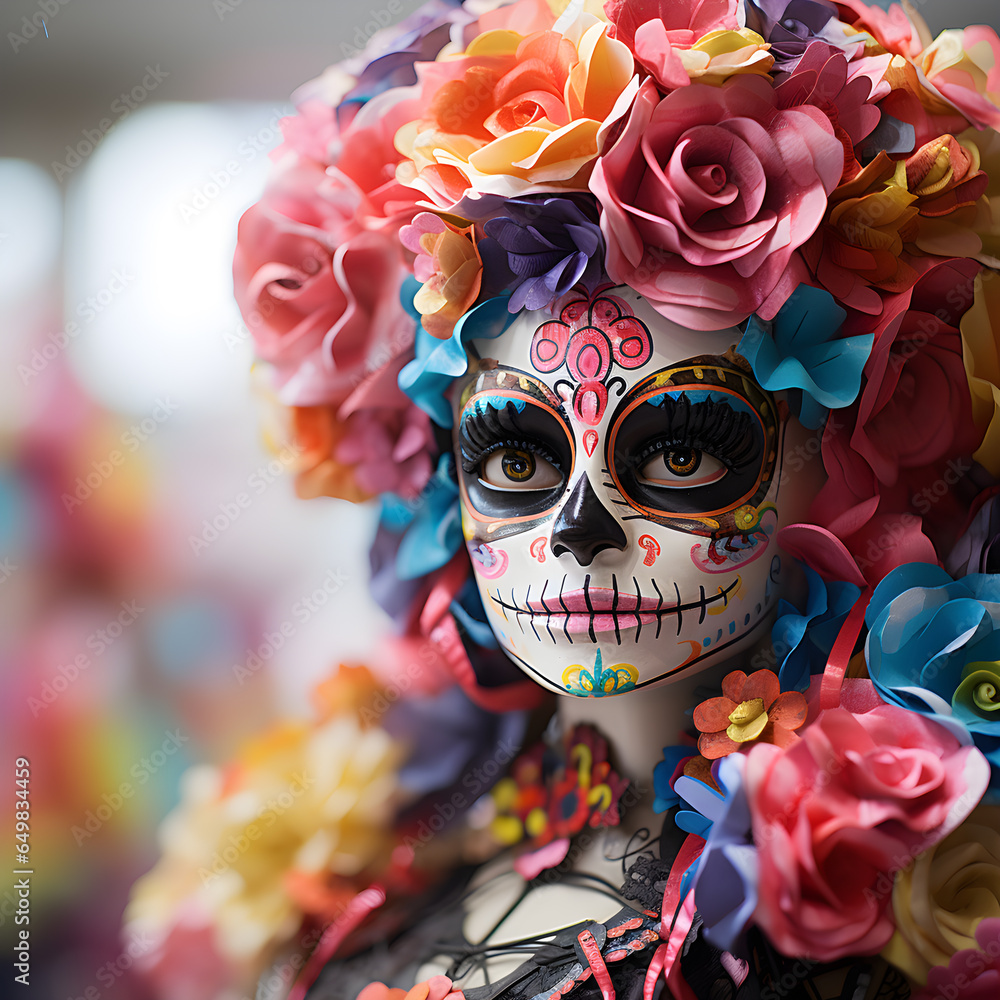 ilustración realista de una Catrina con estilo caricatura, grandes ojos ...