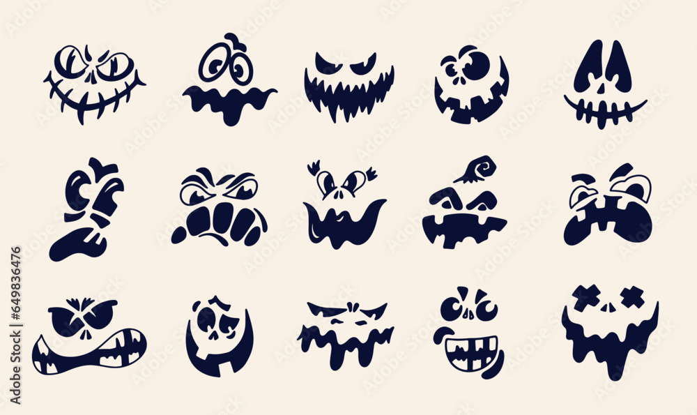 Set of scary and funny faces of Halloween pumpkin or ghost. Halloween ...