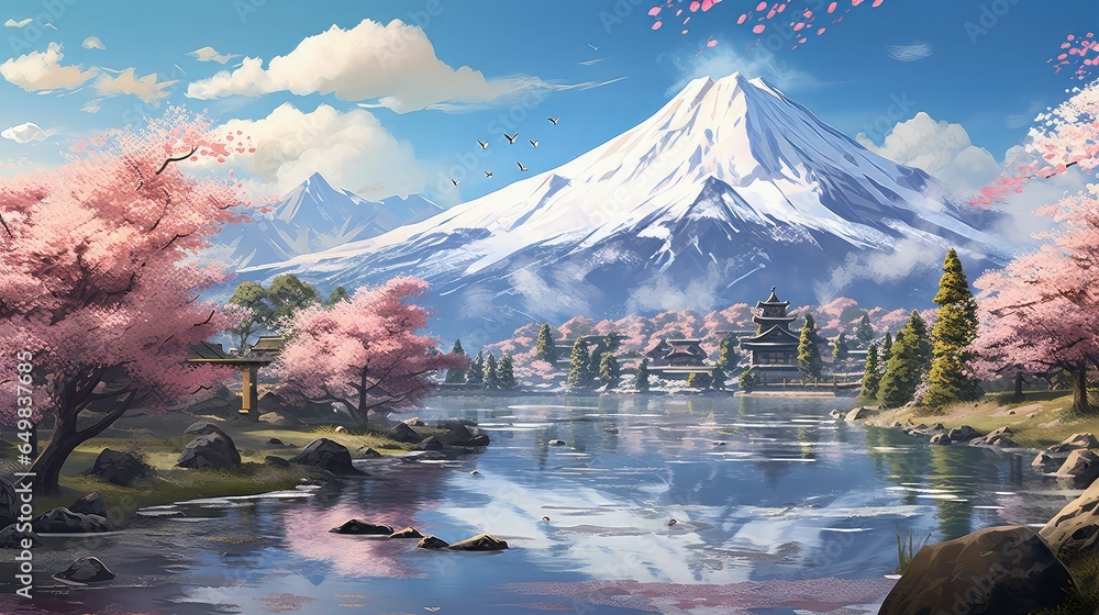 background japanese alpine landscape illustration sky winter, snow ...