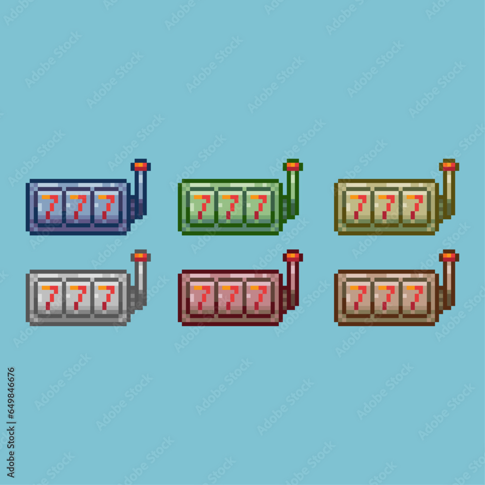 Pixel art sets of jackpot roll game with variation color item asset. simple bits of rolling game ...